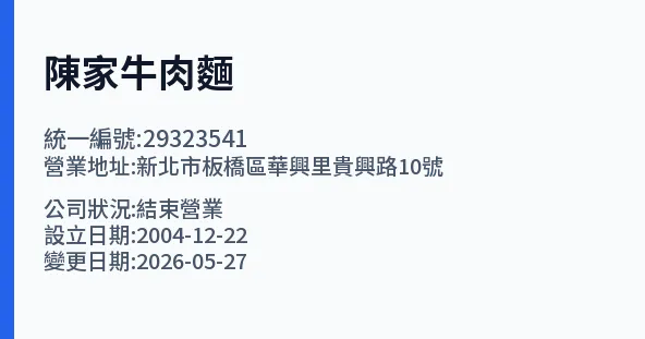 陳家牛肉麵的照片-統編 29323541(新北市) 公司登記資料與營業項目詳細圖表