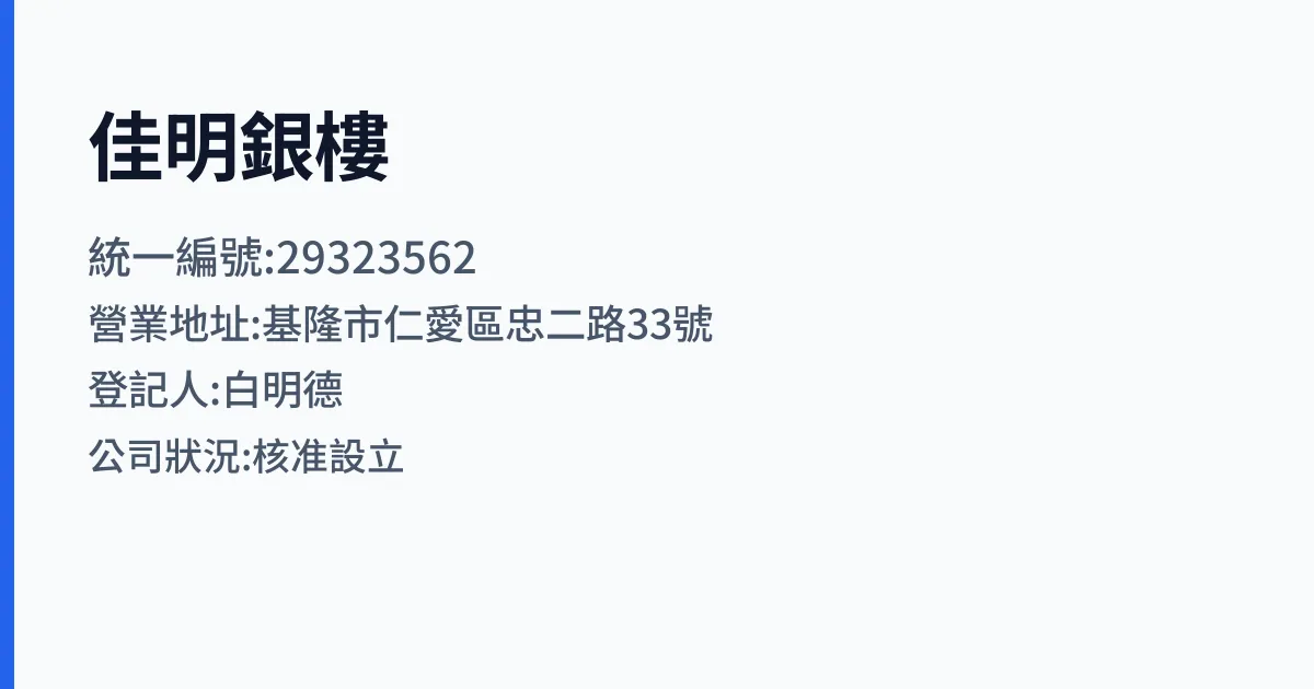 佳明銀樓 - 統編 29323562(基隆市) 公司登記資料與營業項目詳細圖表