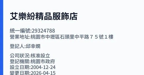 艾樂紛精品服飾店的照片-統編 29324788(桃園市) 公司登記資料與營業項目詳細圖表