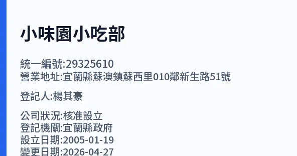 小味園小吃部的照片-統編 29325610(宜蘭縣) 公司登記資料與營業項目詳細圖表