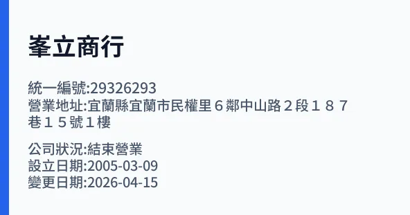 峯立商行的照片-統編 29326293(宜蘭縣) 公司登記資料與營業項目詳細圖表