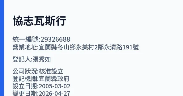 協志瓦斯行的照片-統編 29326688(宜蘭縣) 公司登記資料與營業項目詳細圖表
