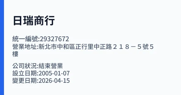日瑞商行的照片-統編 29327672(新北市) 公司登記資料與營業項目詳細圖表