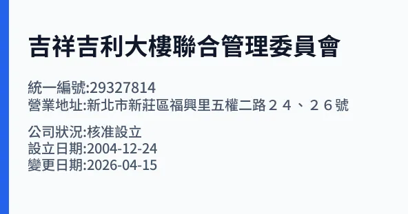 吉祥吉利大樓聯合管理委員會的照片-統編 29327814(新北市) 公司登記資料與營業項目詳細圖表