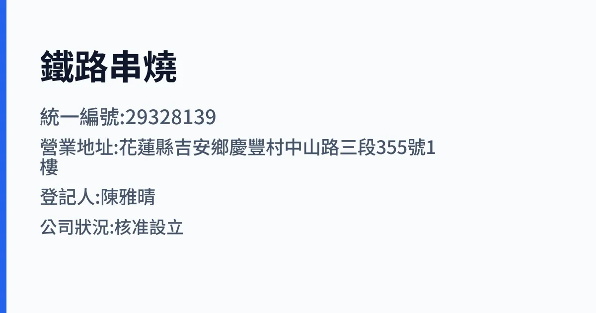 鐵路串燒 - 統編 29328139(花蓮縣) 公司登記資料與營業項目詳細圖表