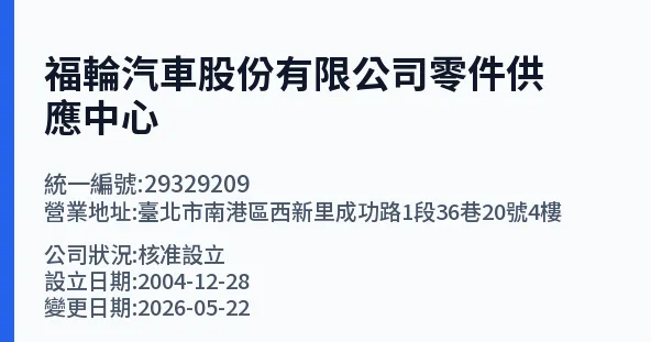 福輪汽車股份有限公司零件供應中心的照片-統編 29329209(臺北市) 公司登記資料與營業項目詳細圖表