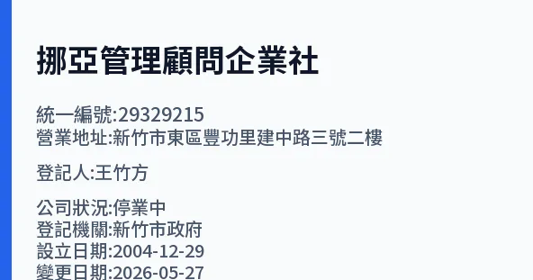 挪亞管理顧問企業社的照片-統編 29329215(新竹市) 公司登記資料與營業項目詳細圖表