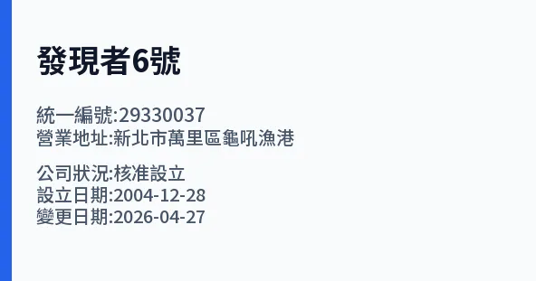 發現者6號的照片-統編 29330037(新北市) 公司登記資料與營業項目詳細圖表