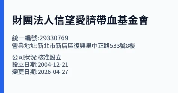 財團法人信望愛臍帶血基金會的照片-統編 29330769(新北市) 公司登記資料與營業項目詳細圖表