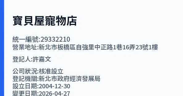 寶貝屋寵物店的照片-統編 29332210(新北市) 公司登記資料與營業項目詳細圖表
