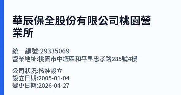 華辰保全股份有限公司桃園營業所的照片-統編 29335069(桃園市) 公司登記資料與營業項目詳細圖表