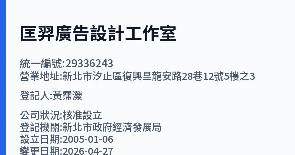 匡羿廣告設計工作室的照片-統編 29336243(新北市) 公司登記資料與營業項目詳細圖表