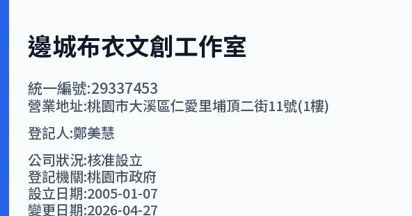 邊城布衣文創工作室的照片-統編 29337453(桃園市) 公司登記資料與營業項目詳細圖表