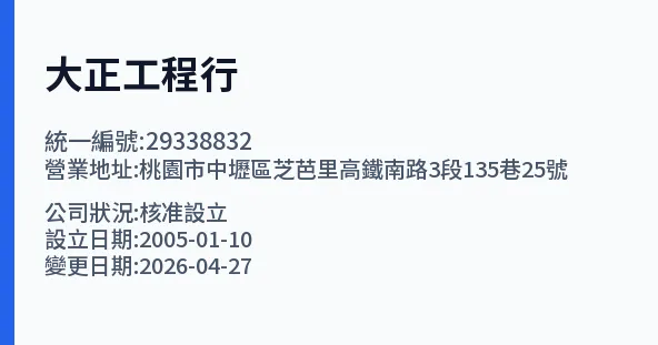大正工程行的照片-統編 29338832(桃園市) 公司登記資料與營業項目詳細圖表
