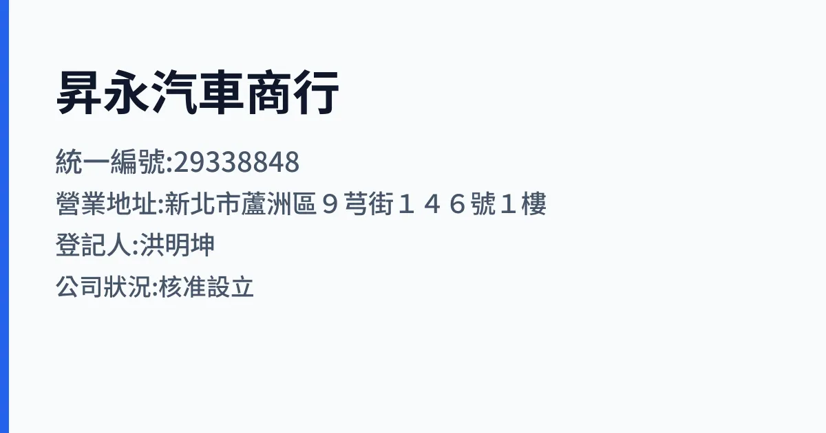 昇永汽車商行 - 統編 29338848(新北市) 公司登記資料與營業項目詳細圖表