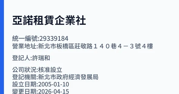 亞諾租賃企業社的照片-統編 29339184(新北市) 公司登記資料與營業項目詳細圖表