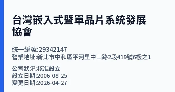 台灣嵌入式暨單晶片系統發展協會的照片-統編 29342147(新北市) 公司登記資料與營業項目詳細圖表