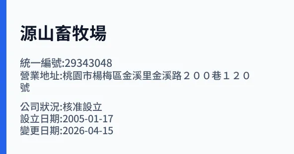 源山畜牧場 - 統編 29343048(桃園市) 公司登記資料與營業項目詳細圖表