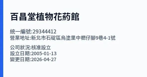 百昌堂植物花葯館的照片-統編 29344412(新北市) 公司登記資料與營業項目詳細圖表