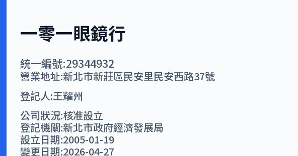 一零一眼鏡行的照片-統編 29344932(新北市) 公司登記資料與營業項目詳細圖表
