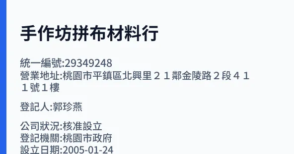 手作坊拼布材料行的照片-統編 29349248(桃園市) 公司登記資料與營業項目詳細圖表