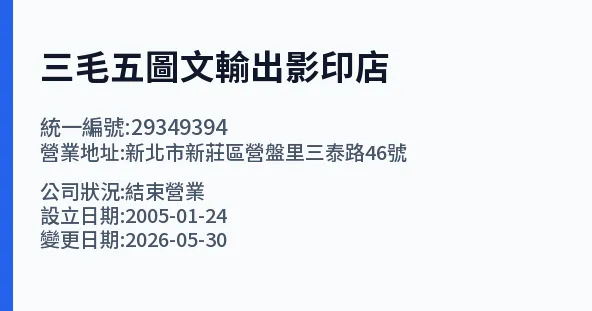 三毛五圖文輸出影印店的照片-統編 29349394(新北市) 公司登記資料與營業項目詳細圖表