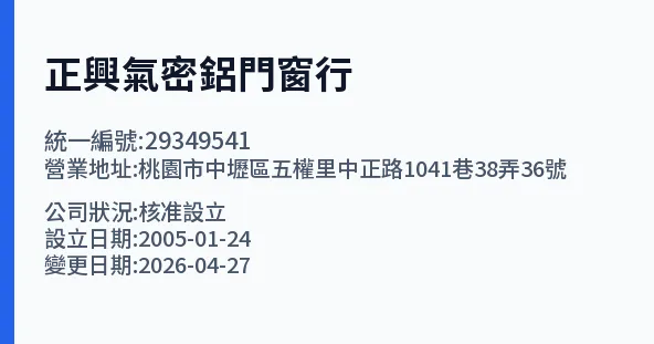 正興氣密鋁門窗行的照片-統編 29349541(桃園市) 公司登記資料與營業項目詳細圖表