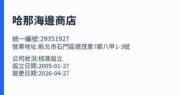 哈那海邊商店的照片-統編 29351927(新北市) 公司登記資料與營業項目詳細圖表