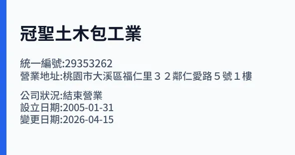 冠聖土木包工業的照片-統編 29353262(桃園市) 公司登記資料與營業項目詳細圖表