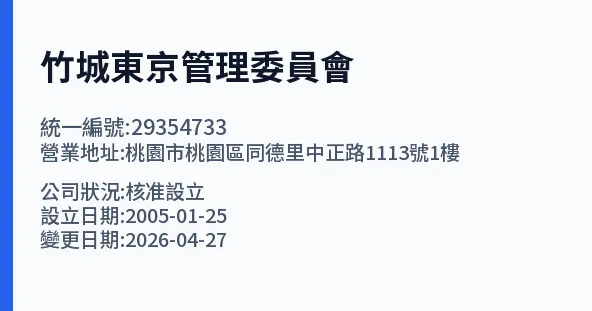 竹城東京管理委員會的照片-統編 29354733(桃園市) 公司登記資料與營業項目詳細圖表
