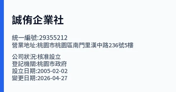 誠侑企業社的照片-統編 29355212(桃園市) 公司登記資料與營業項目詳細圖表