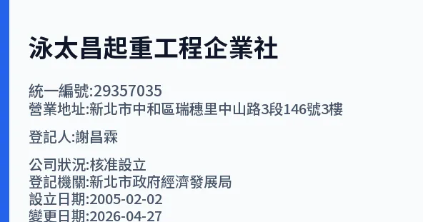 泳太昌起重工程企業社的照片-統編 29357035(新北市) 公司登記資料與營業項目詳細圖表