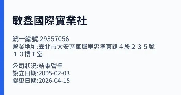 敏鑫國際實業社的照片-統編 29357056(臺北市) 公司登記資料與營業項目詳細圖表