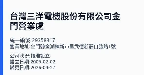 台灣三洋電機股份有限公司金門營業處的照片-統編 29358317(金門縣) 公司登記資料與營業項目詳細圖表