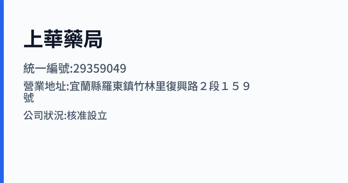 上華藥局 - 統編 29359049(宜蘭縣) 公司登記資料與營業項目詳細圖表