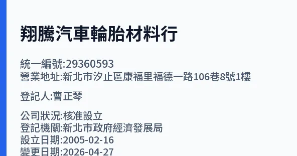 翔騰汽車輪胎材料行的照片-統編 29360593(新北市) 公司登記資料與營業項目詳細圖表