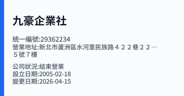 九豪企業社的照片-統編 29362234(新北市) 公司登記資料與營業項目詳細圖表