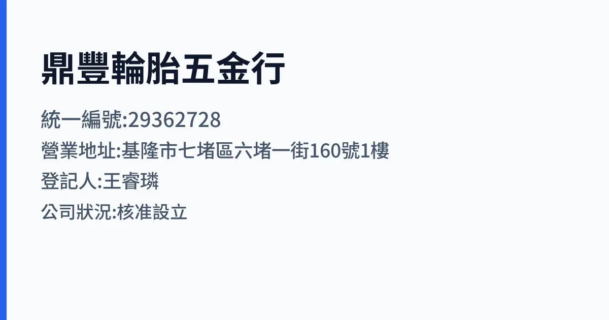 鼎豐輪胎五金行 - 統編 29362728(基隆市) 公司登記資料與營業項目詳細圖表
