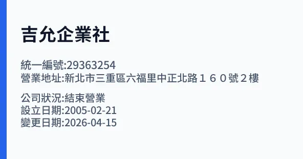 吉允企業社的照片-統編 29363254(新北市) 公司登記資料與營業項目詳細圖表