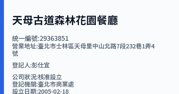 天母古道森林花園餐廳的照片-統編 29363851(臺北市) 公司登記資料與營業項目詳細圖表