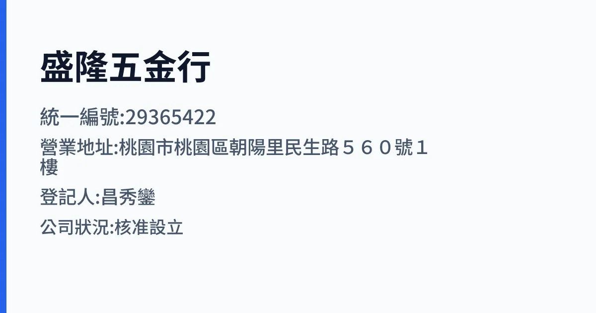 盛隆五金行 - 統編 29365422（桃園市） 公司登記資料與營業項目詳細圖表
