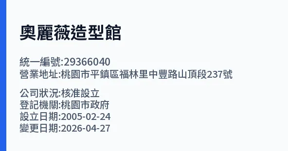 奧麗薇造型館的照片-統編 29366040(桃園市) 公司登記資料與營業項目詳細圖表