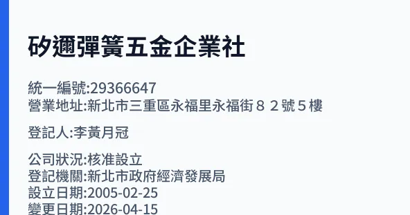 矽邇彈簧五金企業社的照片-統編 29366647(新北市) 公司登記資料與營業項目詳細圖表