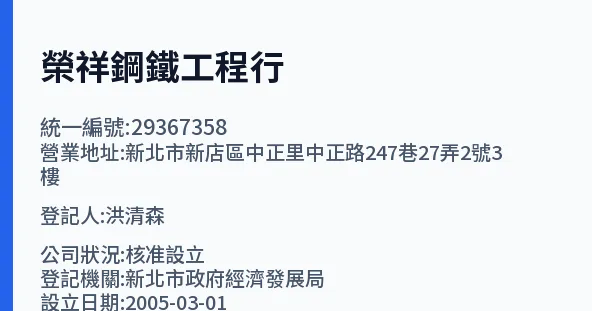 榮祥鋼鐵工程行的照片-統編 29367358(新北市) 公司登記資料與營業項目詳細圖表
