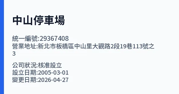 中山停車場的照片-統編 29367408(新北市) 公司登記資料與營業項目詳細圖表