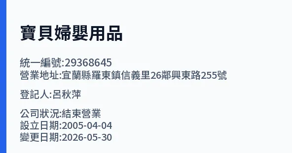 寶貝婦嬰用品的照片-統編 29368645(宜蘭縣) 公司登記資料與營業項目詳細圖表