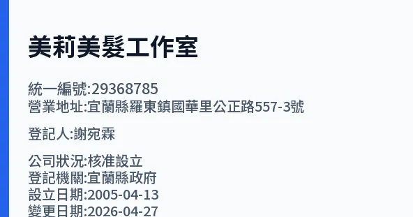 美莉美髮工作室的照片-統編 29368785(宜蘭縣) 公司登記資料與營業項目詳細圖表