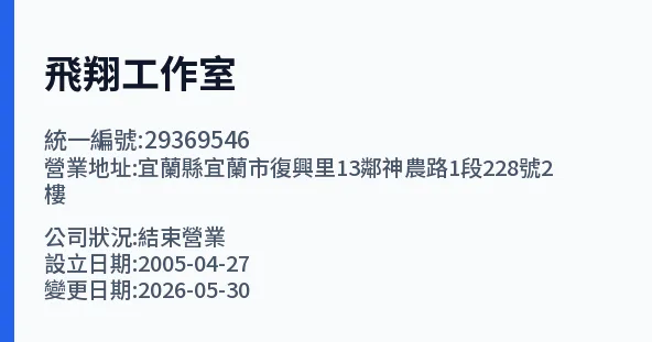 飛翔工作室的照片-統編 29369546(宜蘭縣) 公司登記資料與營業項目詳細圖表