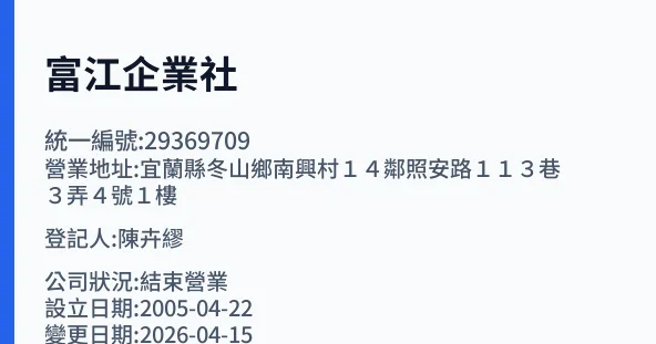 富江企業社的照片-統編 29369709(宜蘭縣) 公司登記資料與營業項目詳細圖表