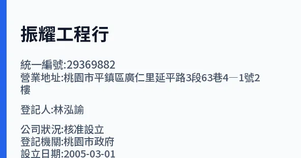 振耀工程行的照片-統編 29369882(桃園市) 公司登記資料與營業項目詳細圖表